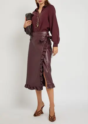 NEVER FULLY DRESSED Jaspre Ruffled Faux Leather Midi Wrap Skirt - Red