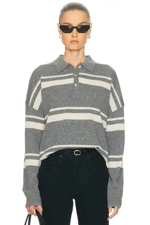 Renggli Cashmere Striped Polo Top - Pebble & Eggshell