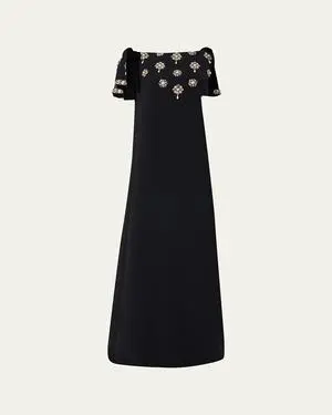Carolina Herrera Embellished Bow-shoulder Crepe Gown - Black Multi