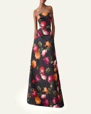 Carolina Herrera Floral-print Strapless A-line Gown - Black Multi