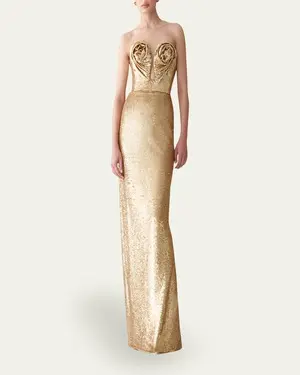 Carolina Herrera Strapless Rose Sequined Gown
