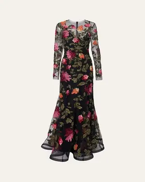 Carolina Herrera Floral-embroidered Tulle Gown - Black Multi