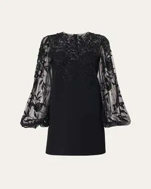 Carolina Herrera Embroidered Puff-sleeve Mini Dress