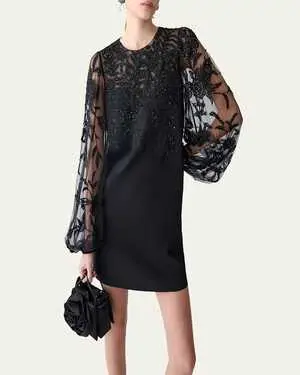 Carolina Herrera Embroidered Puff-sleeve Mini Dress