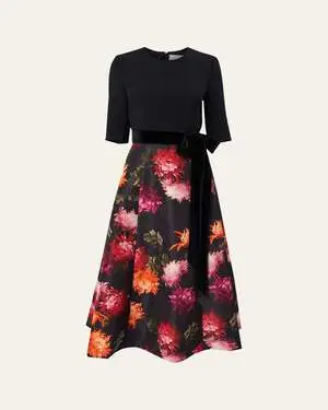 Carolina Herrera Floral Elbow-sleeve Bow Midi Dress