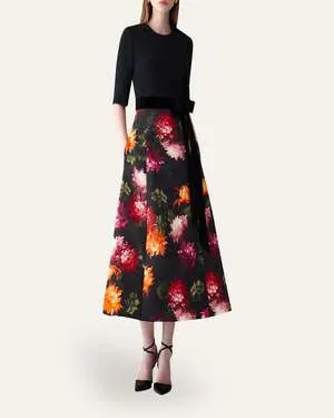 Carolina Herrera Floral Elbow-sleeve Bow Midi Dress