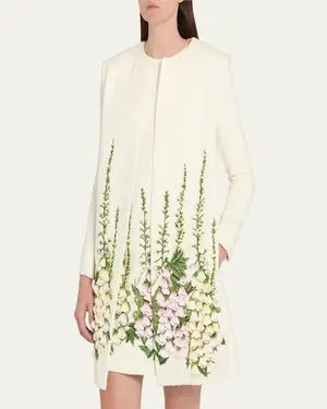 Oscar De La Renta Foxglove Embroidered Tweed Collarless Jacket