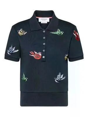 Thom Browne Satin Stitch Bird Embroidery Polo - Blue