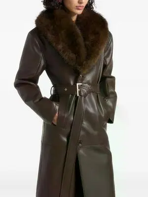 Manière De Voir Faux-leather Belted Coat With Faux-fur Collar