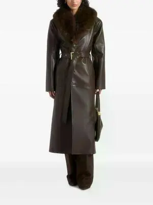 Manière De Voir Faux-leather Belted Coat With Faux-fur Collar