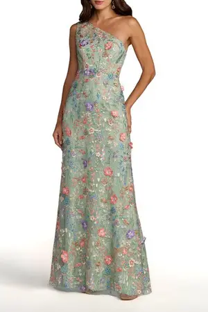 Mac Duggal One Shoulder Lace Embroidered Gown - Sage Multi