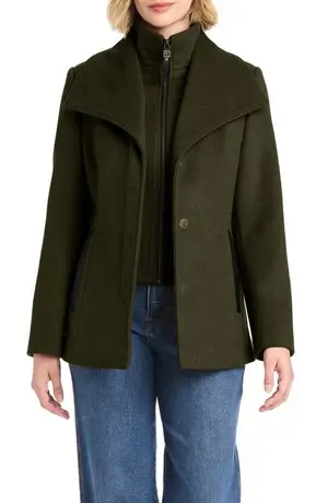 Vince Camuto High-low Hem Wool Blend Coat With Fixed Bib - Olive