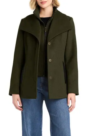 Vince Camuto High-low Hem Wool Blend Coat With Fixed Bib - Olive