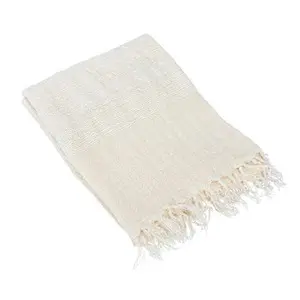 STORIED HOME Woven Linen Throw Blanket With Stripes And Fringe - Cream