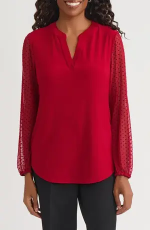 KASPER Split Neck Top - Fire Red