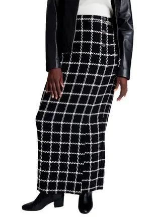 JESSICA LONDON Side-button Plaid Wool Skirt - Black Ivory Windowpane