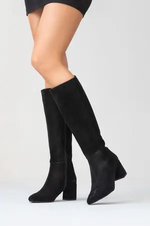 FOREVER & ALWAYS SHOES Sejas Leather Block Heel Knee-high Boots - Black Suede Leather