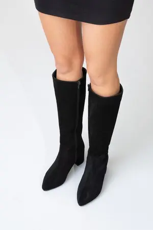 FOREVER & ALWAYS SHOES Sejas Leather Block Heel Knee-high Boots - Black Suede Leather