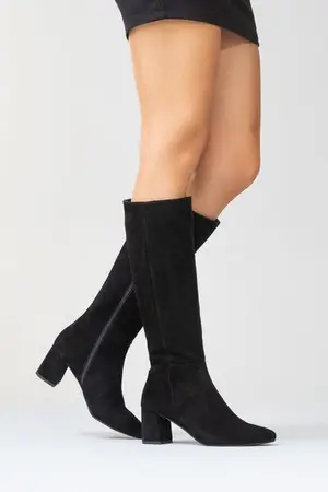 FOREVER & ALWAYS SHOES Sejas Leather Block Heel Knee-high Boots - Black Suede Leather