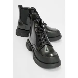 PROLOGUE SHOES Challo Combat Boot - Black Patent Faux Leather