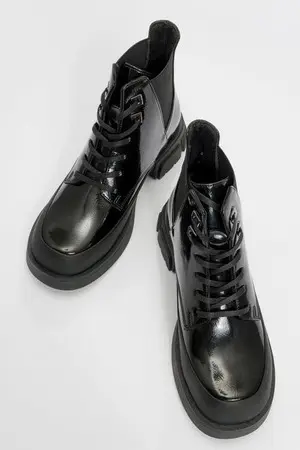 PROLOGUE SHOES Challo Combat Boot - Black Patent Faux Leather