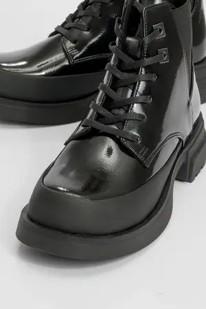 PROLOGUE SHOES Challo Combat Boot - Black Patent Faux Leather