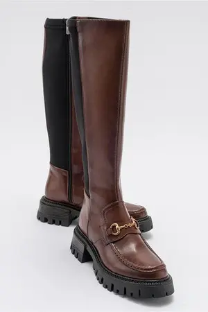 PROLOGUE SHOES Chapel Buckle Stretch Boots - Cognac Stretch Faux Leather