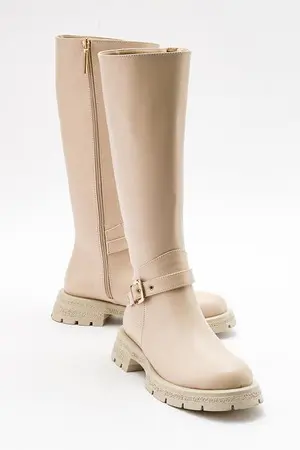 PROLOGUE SHOES Covela Knee High Boots - Beige Faux Leather