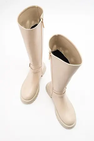 PROLOGUE SHOES Covela Knee High Boots - Beige Faux Leather