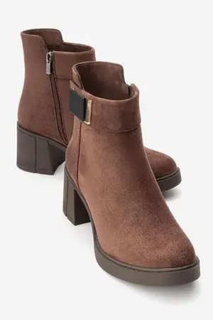 PROLOGUE SHOES Rashe Block Heel Zip Boot - Brown Suede Faux Leather