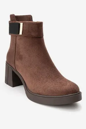 PROLOGUE SHOES Rashe Block Heel Zip Boot - Brown Suede Faux Leather