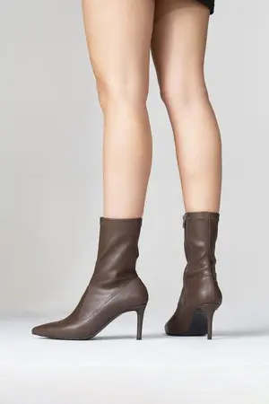 PROLOGUE SHOES Thalin Zip Stiletto Boots - Brown Faux Leather