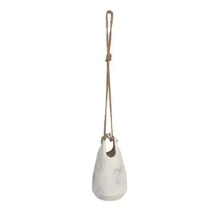 STORIED HOME Large Stoneware Hanging Planter With Jute Rope Hanger - White