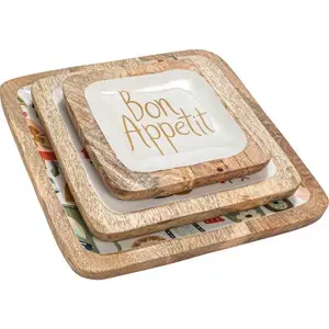STORIED HOME Enameled Mango Wood Trays With Kitchenware Pattern - White