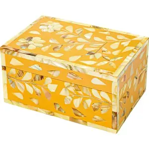 STORIED HOME Mother Of Pearl And Reclaimed Wood Box With Floral Design - Yellow