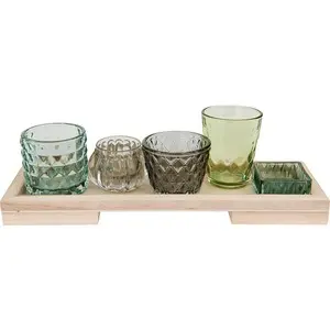 STORIED HOME Embossed Glass Votive And Tealight Holders On A Wood Tray - Green
