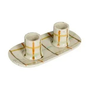 STORIED HOME Checkered Charm Stoneware Taper Holders - Cream