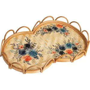 STORIED HOME Floral Fantasy Rattan Tray - Natural