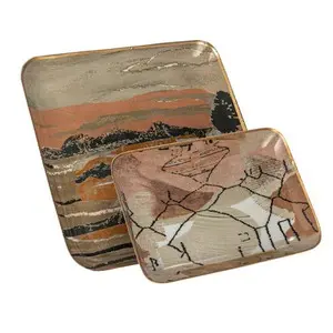 STORIED HOME Landscape And Abstract Enameled Metal Trays - Orange