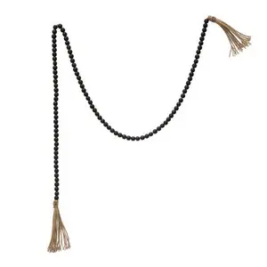 STORIED HOME Paulownia Wood Bead Garland With Jute Tassels - Black