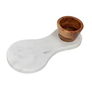 STORIED HOME Marble Serving Board With Mango Wood Bowl - White