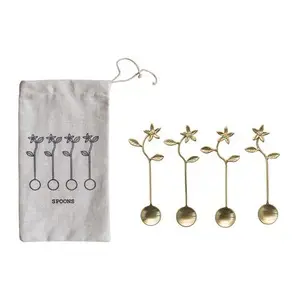 STORIED HOME 5.35 Stainless Steel And Brass Spoons For Kitchen With Flower Handles And Drawstring Bag - Gold