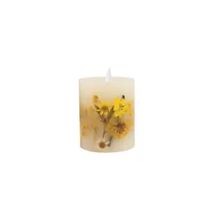 STORIED HOME Pillar Led Candle With Daisy Inlay And Timer - Yellow