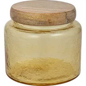 STORIED HOME Hammered Glass Jar With Mango Wood Lid - Yellow
