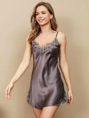 SILKSILKY Pure Silk Spaghetti Strap Mini Nightgown - Purplegray