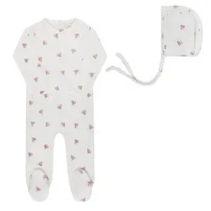 ELY'S & CO. Velour Leaf Pattern Footie And Bonnet Set - Ivory/girl