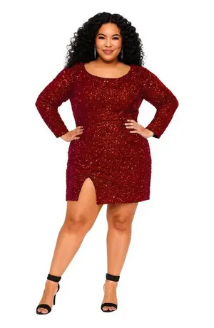 SYDNEY'S CLOSET Long Sleeve Sequin Cocktail Dress - Ruby