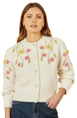 YUMI Hand-embroidered Floral Cardigan - Ivory