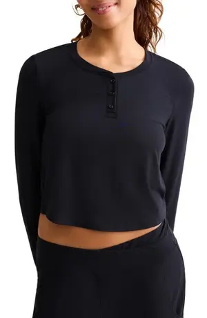 Fleur't Henley Crop Pajama Top - Black