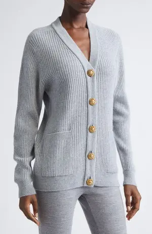 Balmain Button Detail Rib Cashmere & Virgin Wool Cardigan